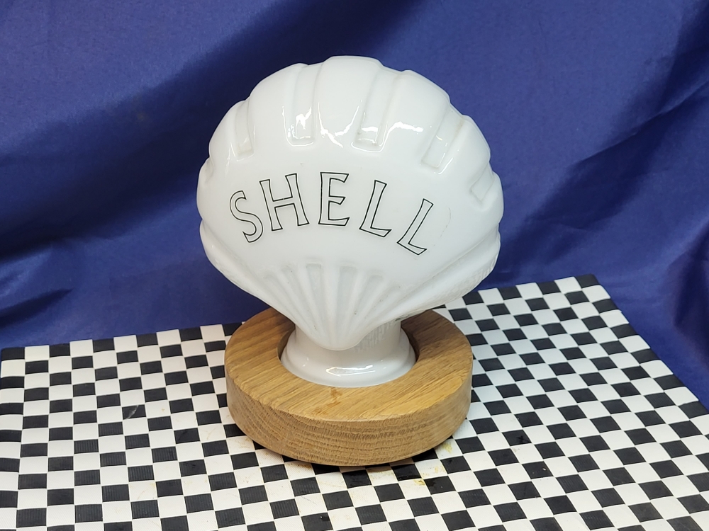 SHELL glass oil globe with oak base app. 10 inch with base Pumps and ...